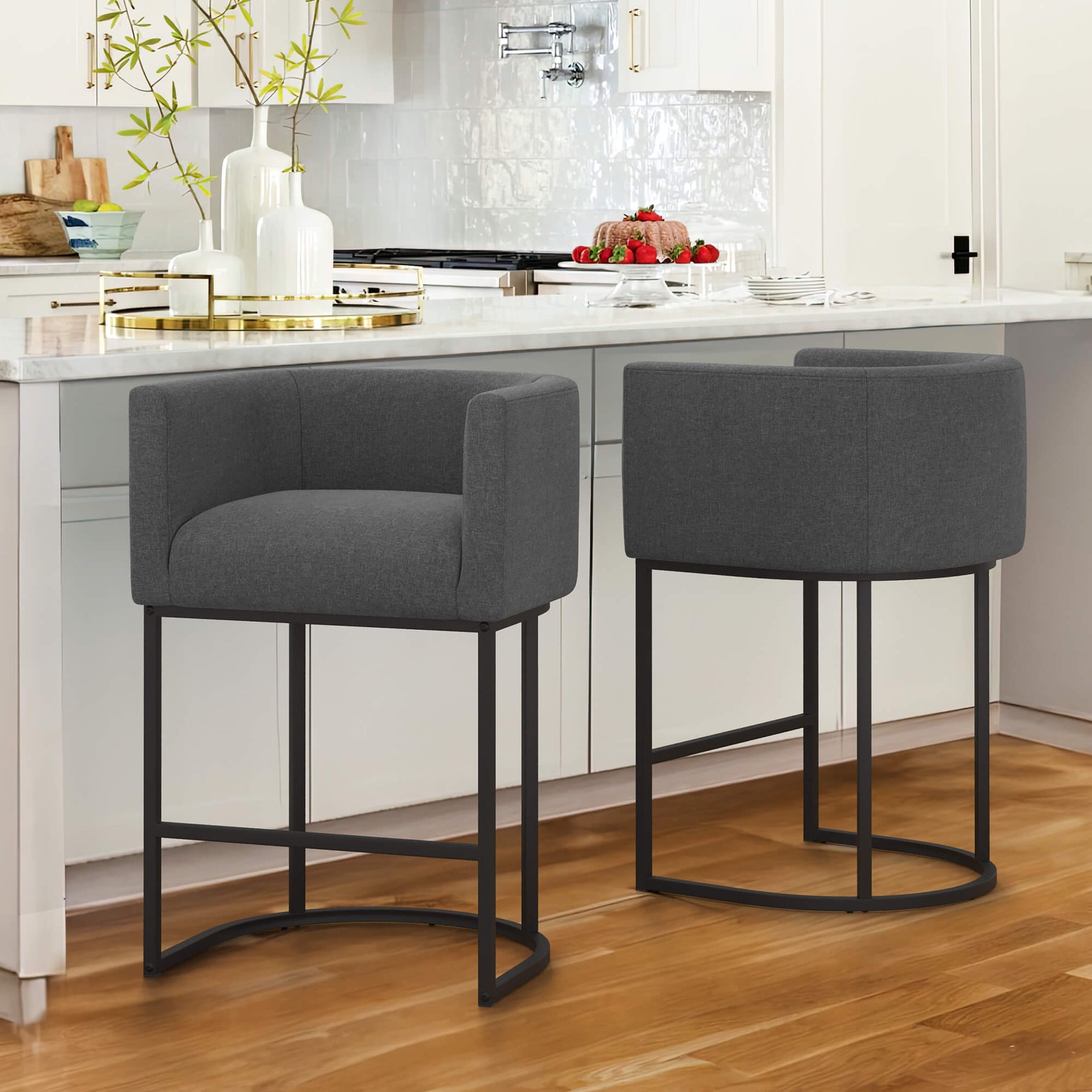 27" H Upholstered Counter Height Bar Stools with Barrel Backrest and ...