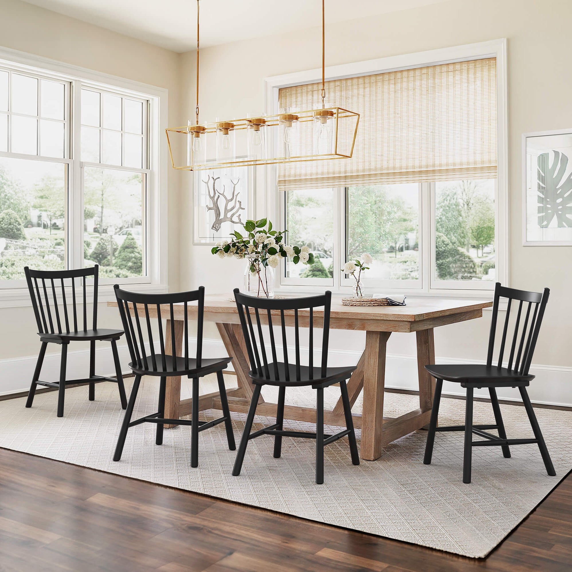 Curved Spindle Back Wood Dining Chair Set, Farmhouse Wood Dining Chairs ...