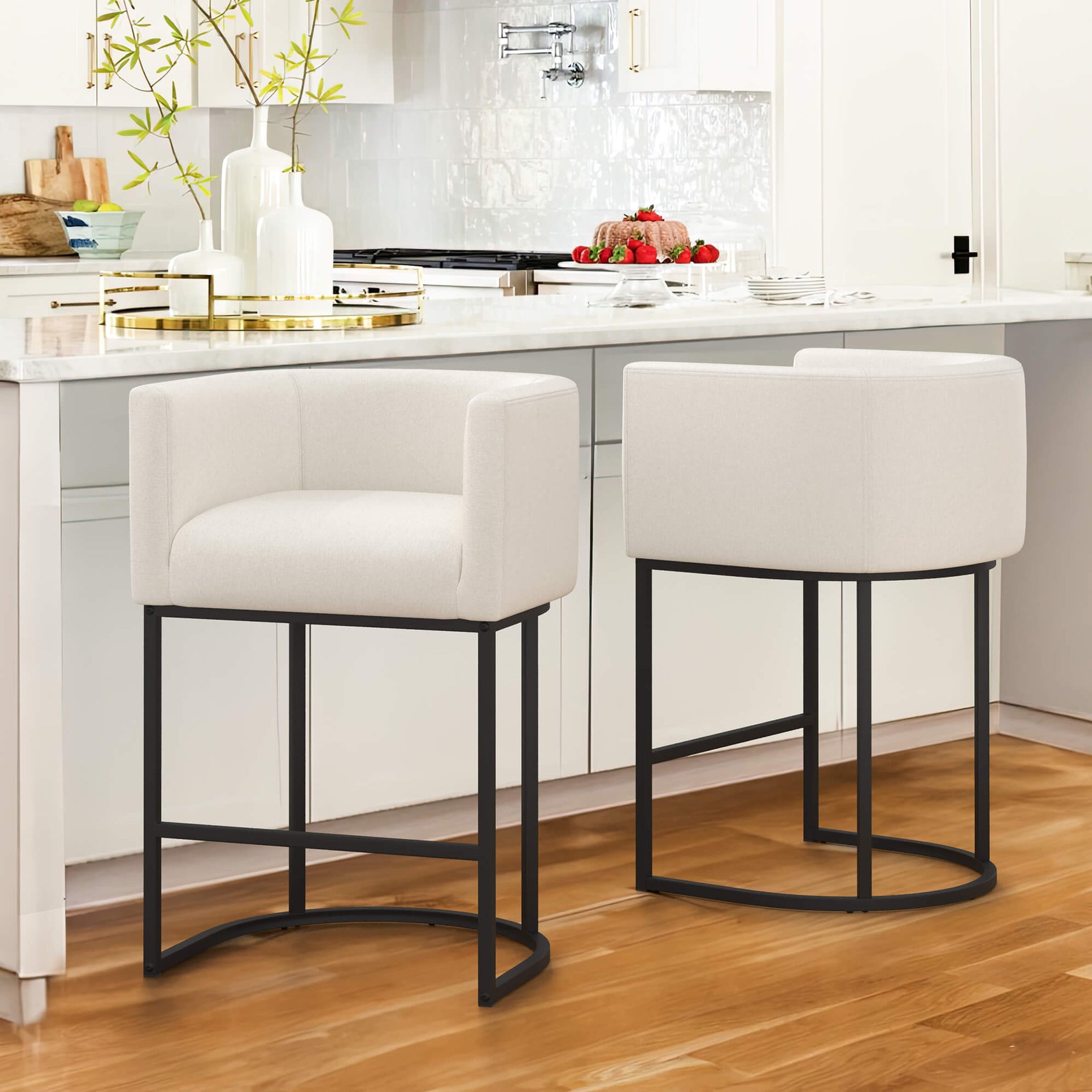 27" H Upholstered Counter Height Bar Stools with Barrel Backrest and ...