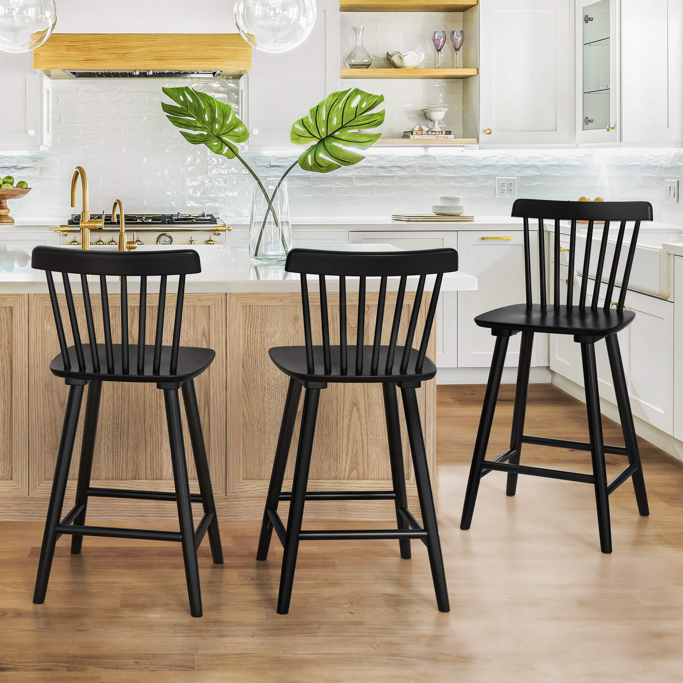 Windsor Wooden Bar Stools Set, Counter Height Chairs with Spindle Back ...