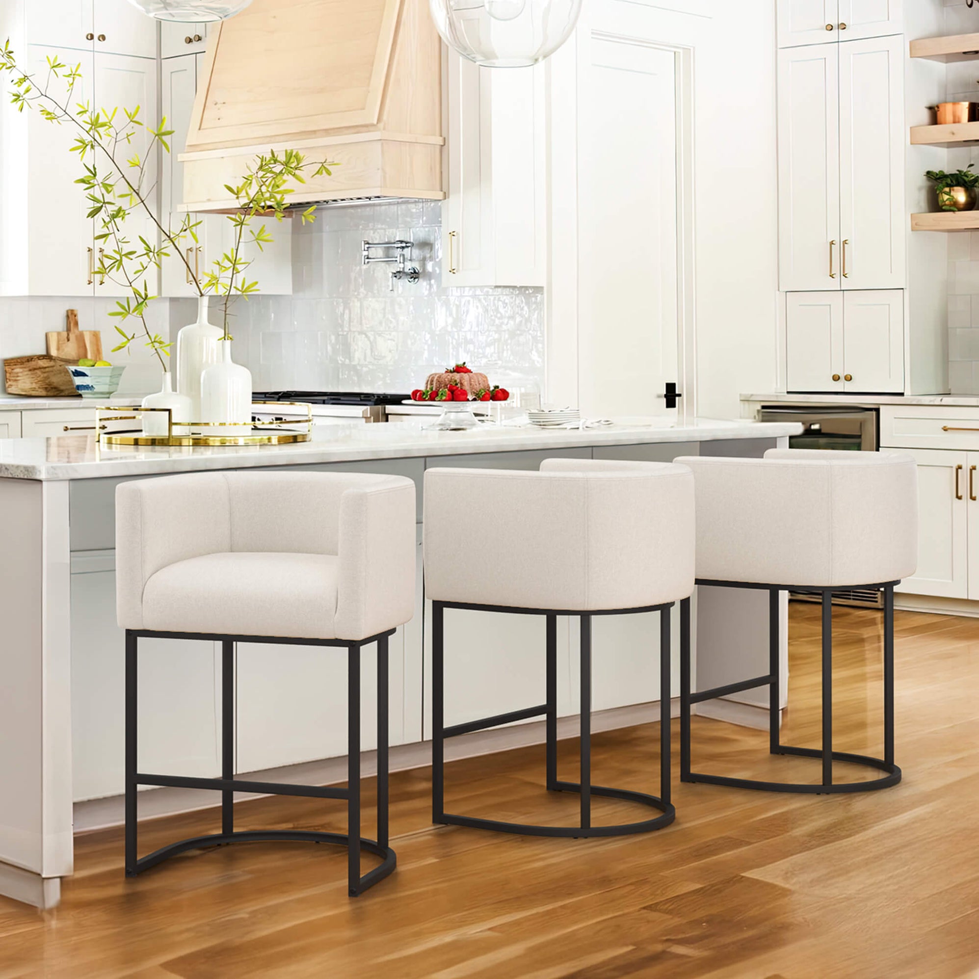 27" H Upholstered Counter Height Bar Stools with Barrel Backrest and ...