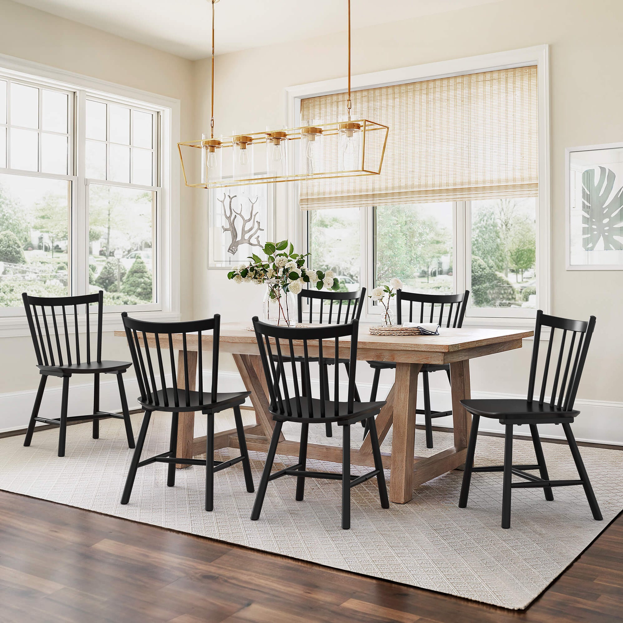 Curved Spindle Back Wood Dining Chair Set, Farmhouse Wood Dining Chairs ...