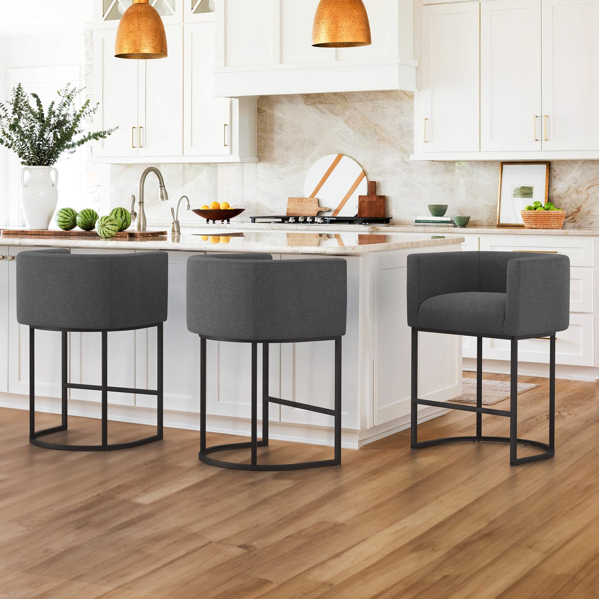 27" H Upholstered Counter Height Bar Stools with Barrel Backrest and ...